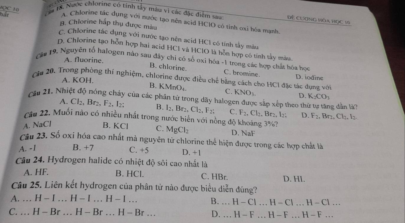 Giải quyết:lOC 10 Ch 18. Nước chlorine có tính tấy màu vì các đặc điểm ...