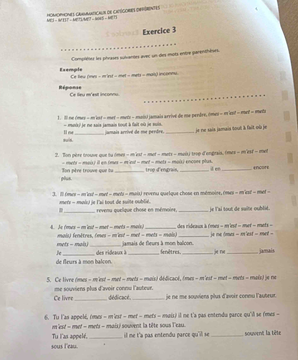 Résolu :homophones grammaticaux de Catégories différentes MES - M'EST ...