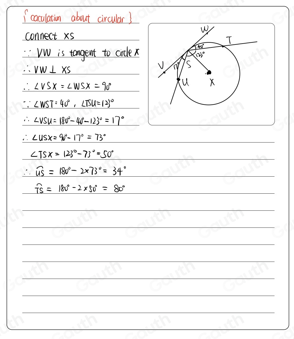 Solved: overleftrightarrow VW is tangent to circle X. ∠ WST measures 40° , and ∠ TSU measures ...