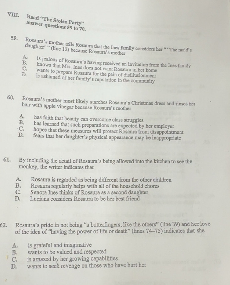 Solved: VIIL Read “The Stolen Party” answer questions 59 to 70. 59 ...