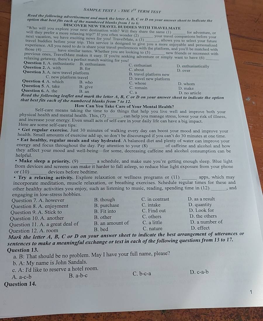 Giải quyết:SAMPLE TEST 1 - THE 1^(st) TERM TEST Read the following ...