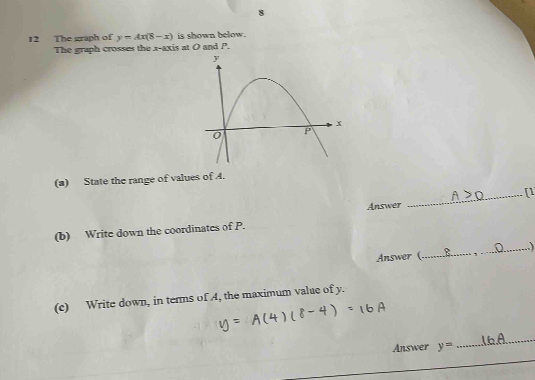 Solved: 8 12 The graph of y=Ax(8-x) is shown below. The graph crosses ...