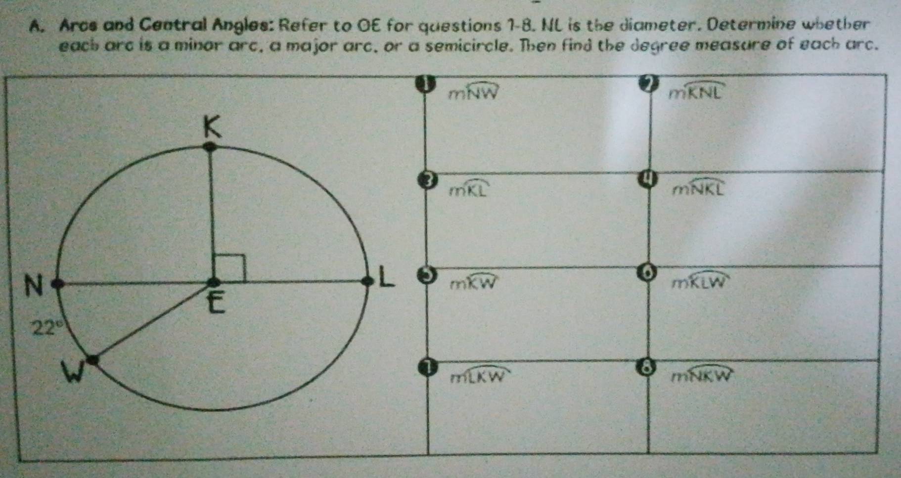 Solved: Arcs and Central Angles: Refer to OE for questions 1-8. NL is ...