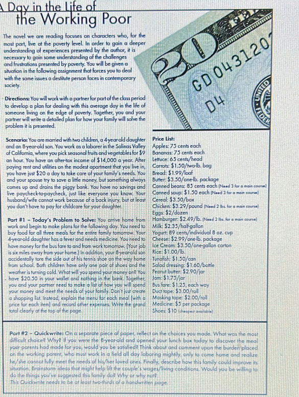 Solved: Dgy in the Life of the Working Poor The novel we are reading ...