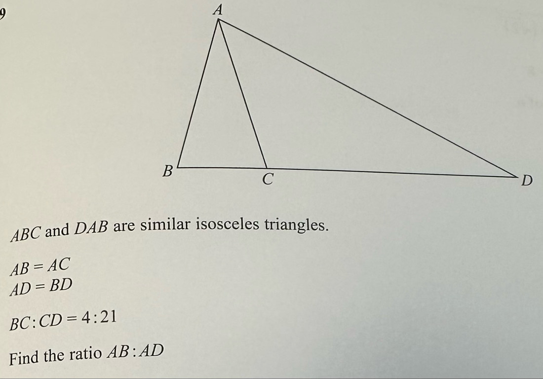 Solved: 9 ABC and DAB are similar isosceles triangles. AB=AC AD=BD BC ...