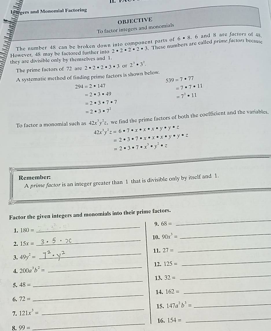 Solved: Inu gers and Monomial Factoring OBJECTIVE To factor integers ...