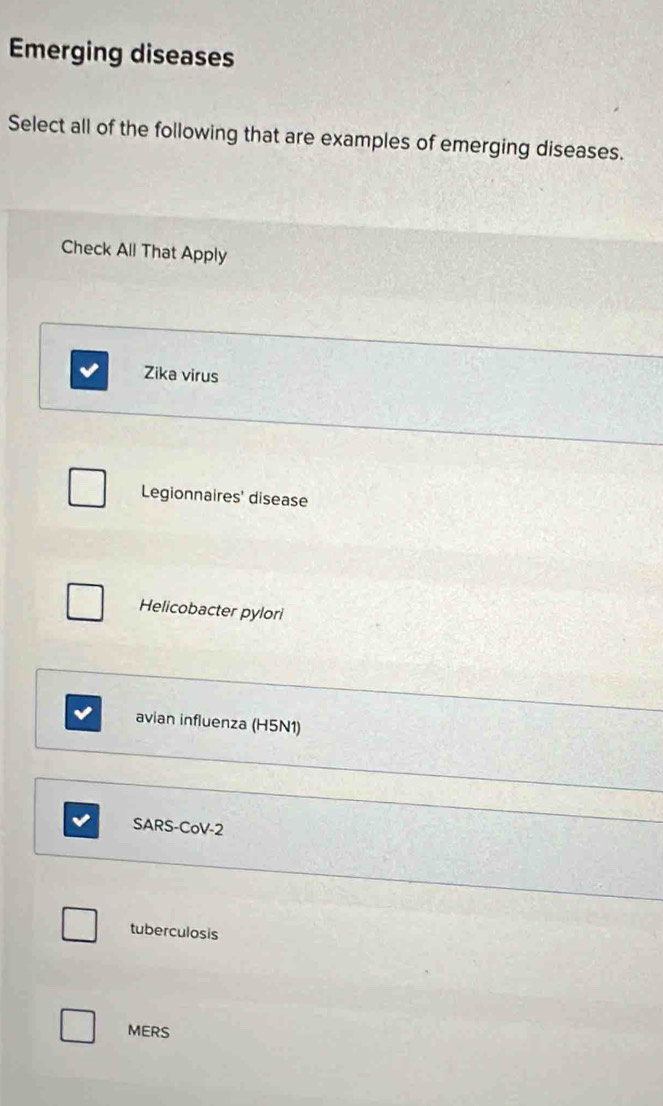Solved: Emerging diseases Select all of the following that are examples ...
