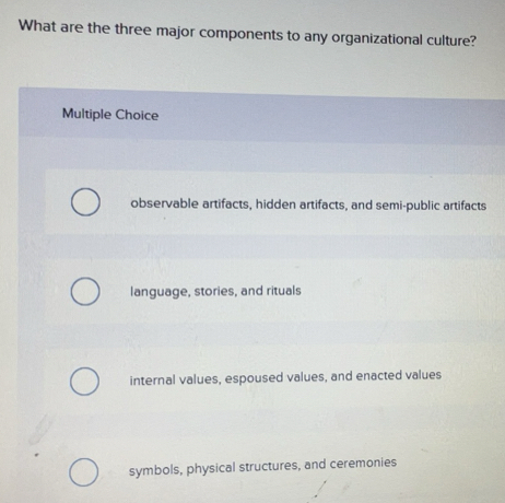Solved: What are the three major components to any organizational ...
