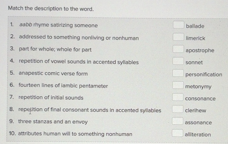 Solved: Match the description to the word. 1. aabb rhyme satirizing ...
