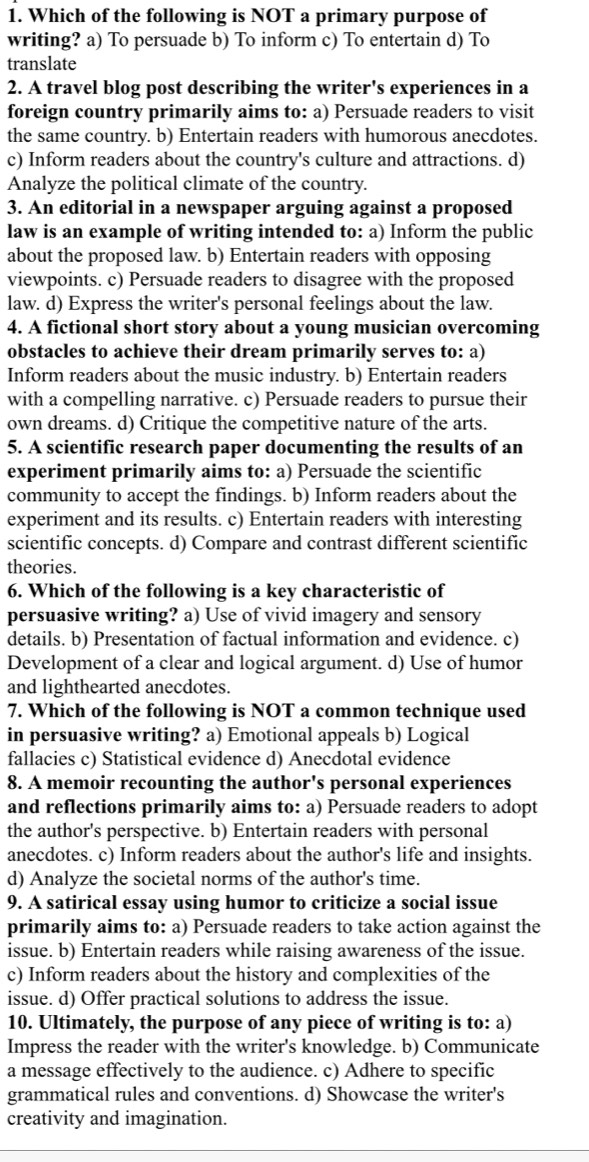 Solved: Which of the following is NOT a primary purpose of writing? a ...