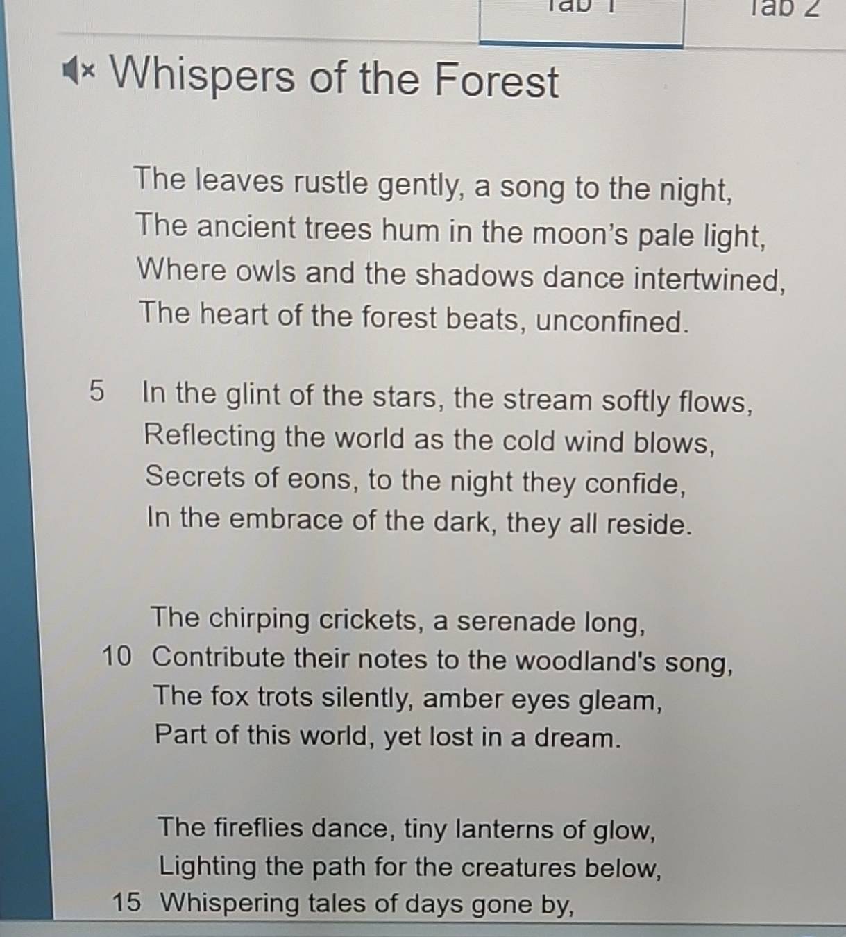 Solved: Tab 2 × Whispers of the Forest The leaves rustle gently, a song ...