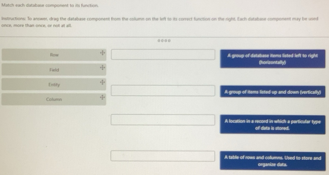 Solved: Match each database component to its function. Instructions: To ...