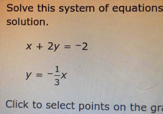 Solved: Solve this system of equations solution. x+2y=-2 y=- 1/3 x ...