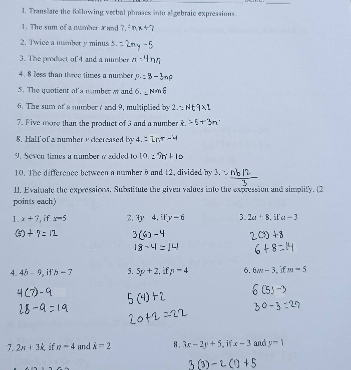 Gelöst:Translate the following verbal phrases into algebraic ...