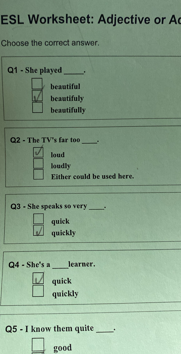 Solved: ESL Worksheet: Adjective or Ad Choose the correct answer. Q1 ...