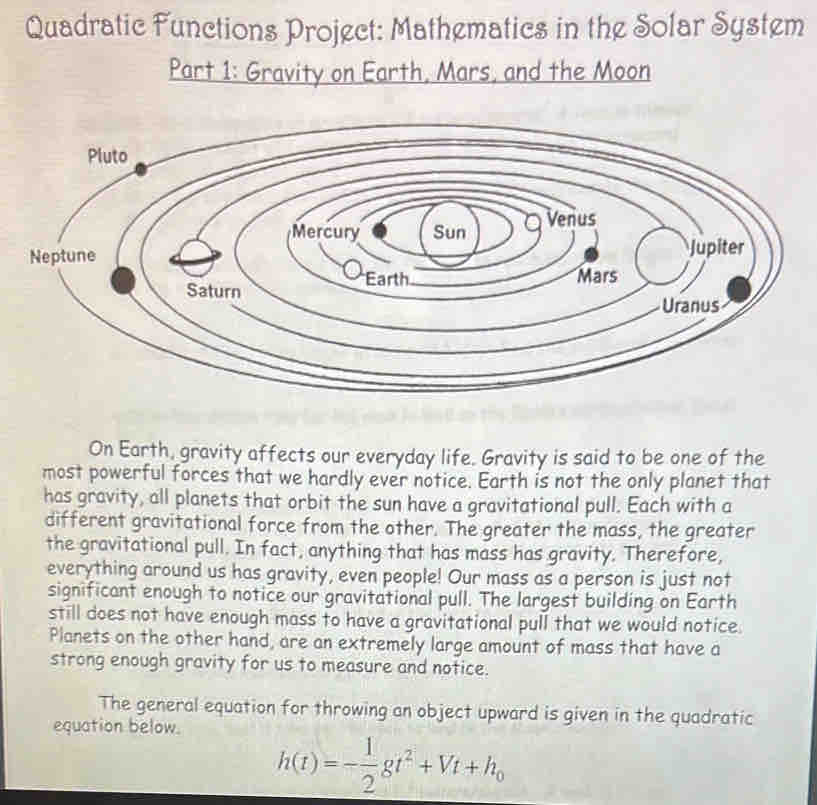 Solved: Quadratic Functions Project: Mathematics in the Solar System ...