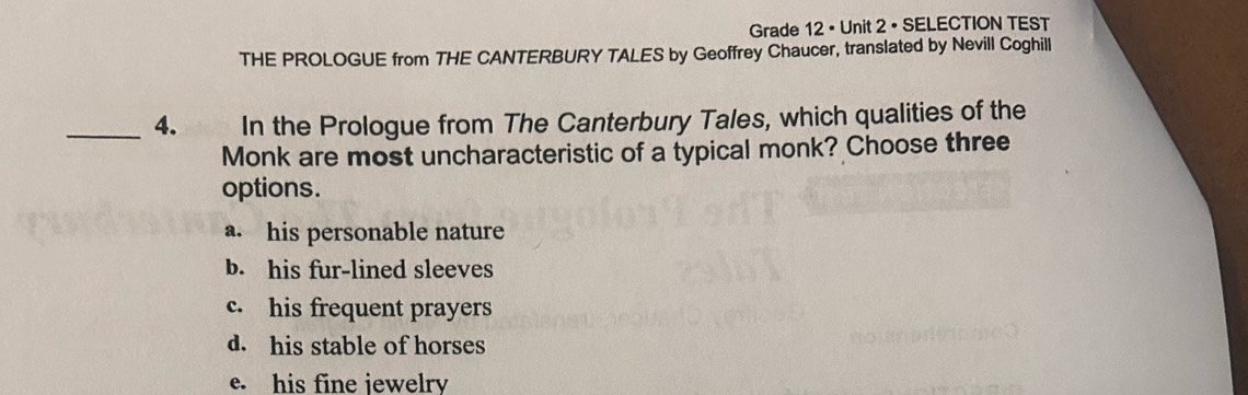 Solved: Grade 12 • Unit 2 • SELECTION TEST THE PROLOGUE from THE ...