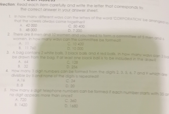 Solved: Nrection: Read each item carefully and write the letter that ...