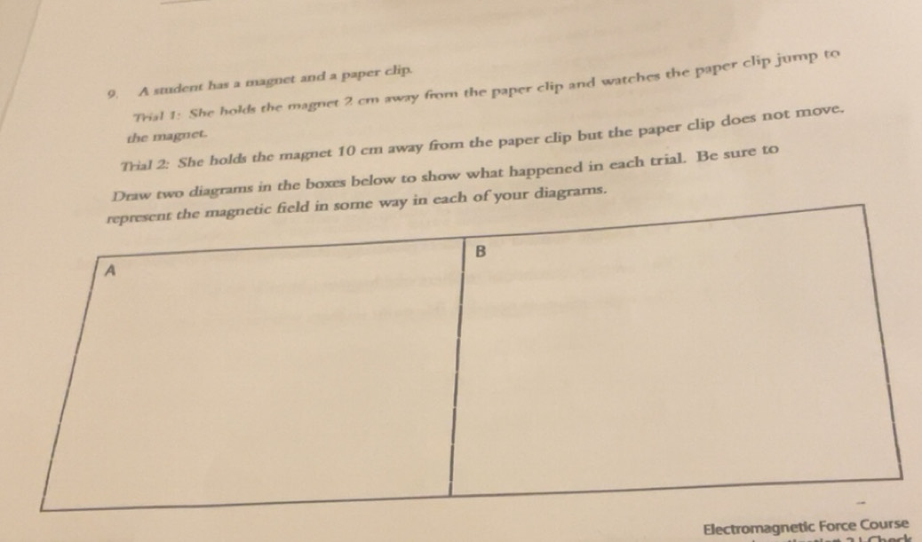 Solved: A student has a magnet and a paper clip. Trial 1: She holds the ...