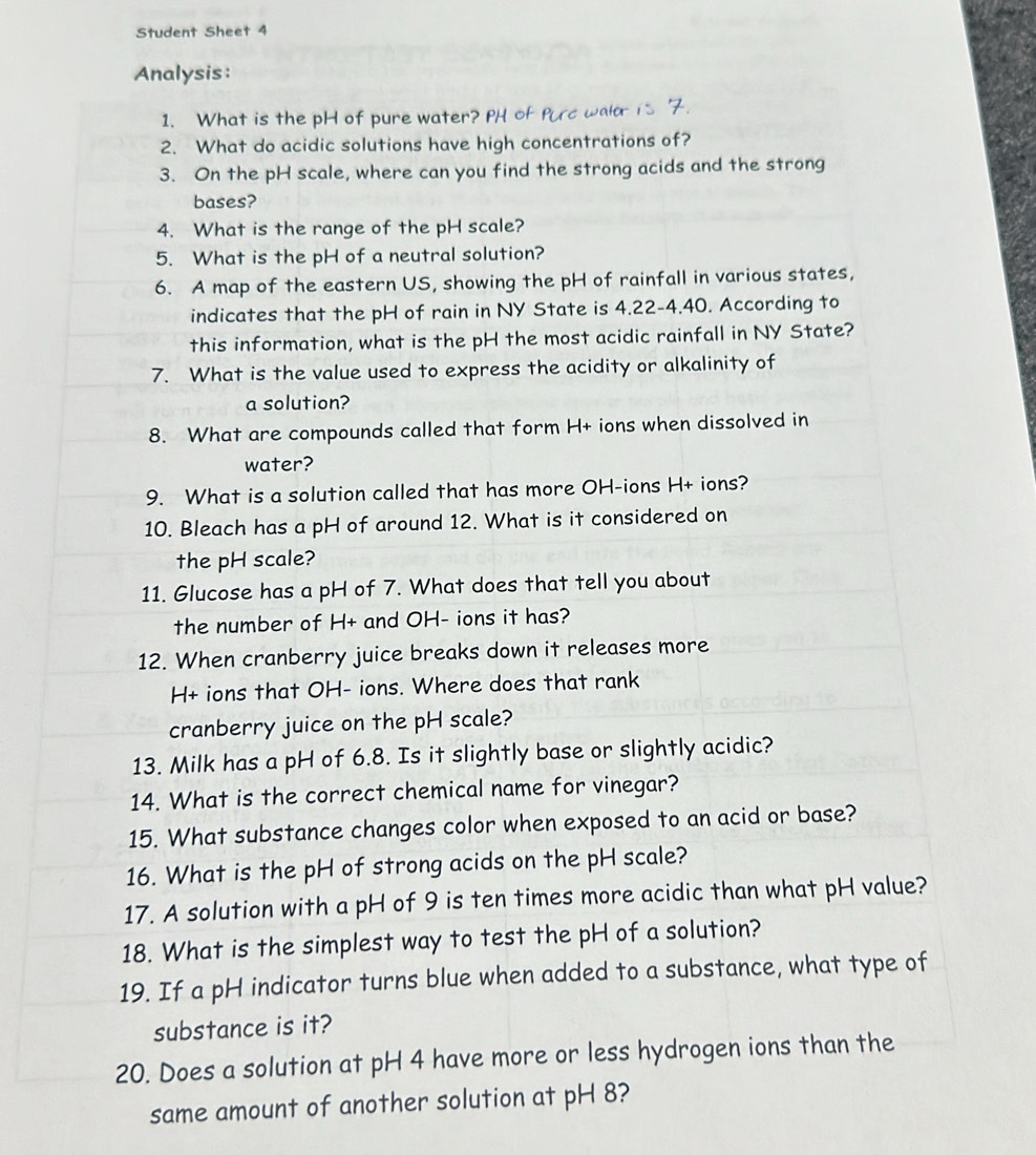 Solved: Student Sheet 4 Analysis: 1. What is the pH of pure water? PH ...