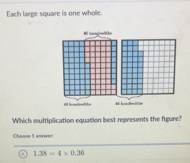 Solved: Each large square is one whole. Which multiplication equation ...