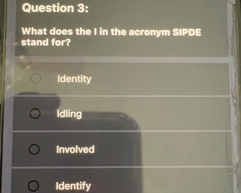 Solved: What does the I in the acronym SIPDE stand for? Identity Idling ...