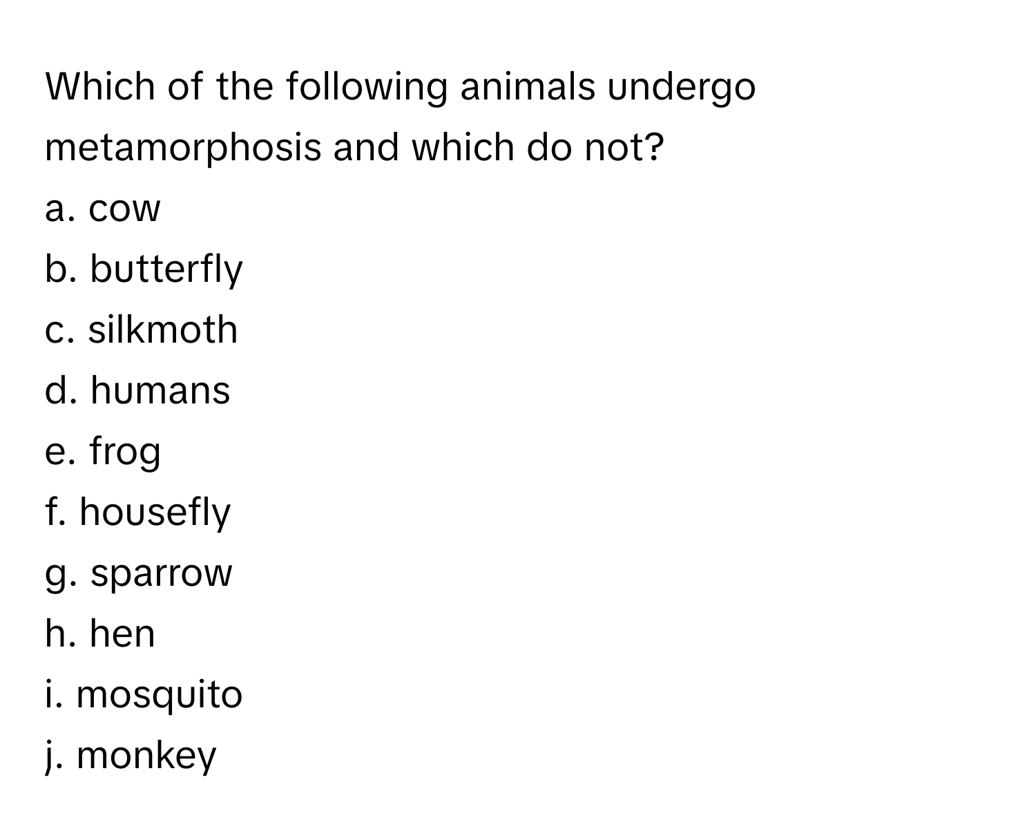Solved: Which of the following animals undergo metamorphosis and which ...