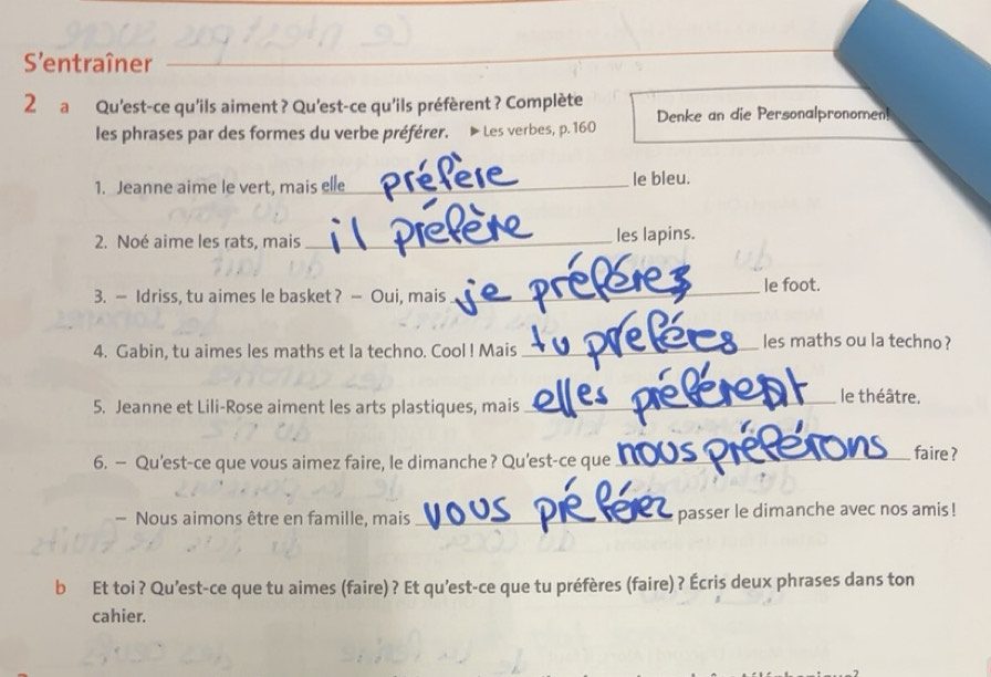 Gelöst:S'entraîner 2 a Qu'est-ce qu'ils aiment? Qu'est-ce qu'ils ...