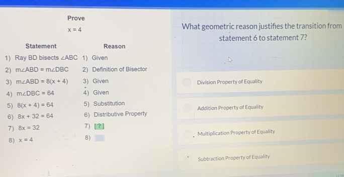 Solved: Prove x=4 What geometric reason justifies the transition from ...