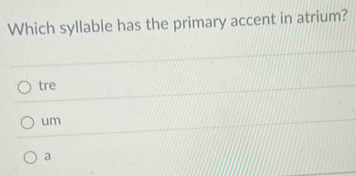 Solved: Which syllable has the primary accent in atrium? tre um a [Others]