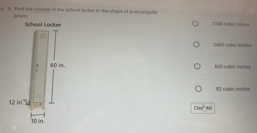Solved: Find the volume of the school locker in the shape of a ...