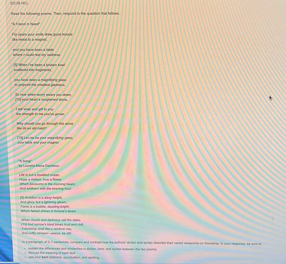 Solved: (03.05 HC) Read the following poems. Then, respond to the ...