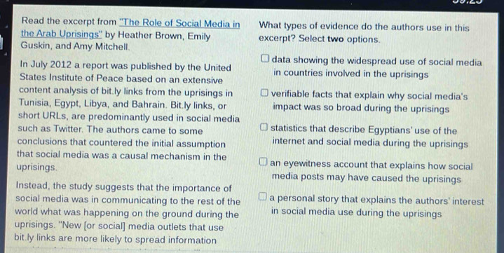 Solved: Read the excerpt from ''The Role of Social Media in What types ...