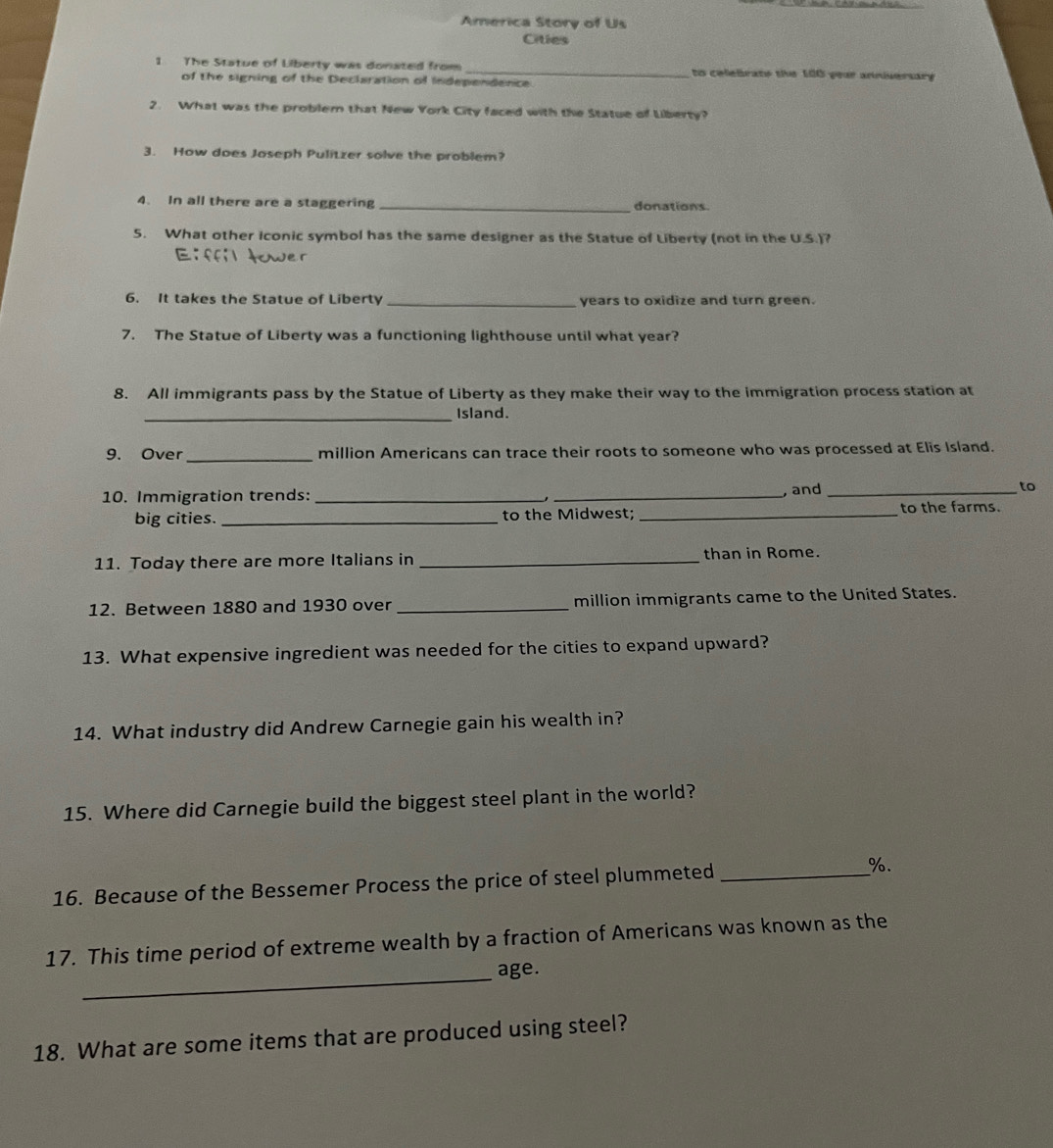 Résolu :America Story of Us Cities 1. The Statue of Liberty was donated ...