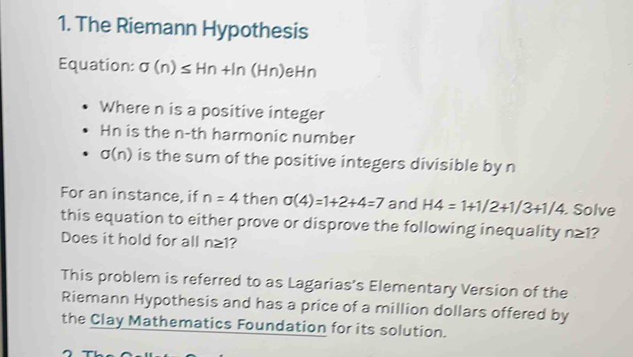 Solved: The Riemann Hypothesis Equation: sigma (n)≤ Hn+ln (Hn)eHn Where ...