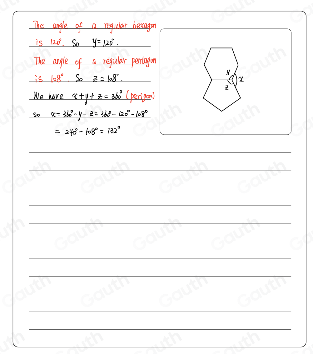 Solved: The diagram shows a regular hexagon and a regular pentagon. Show that the angle marked x ...