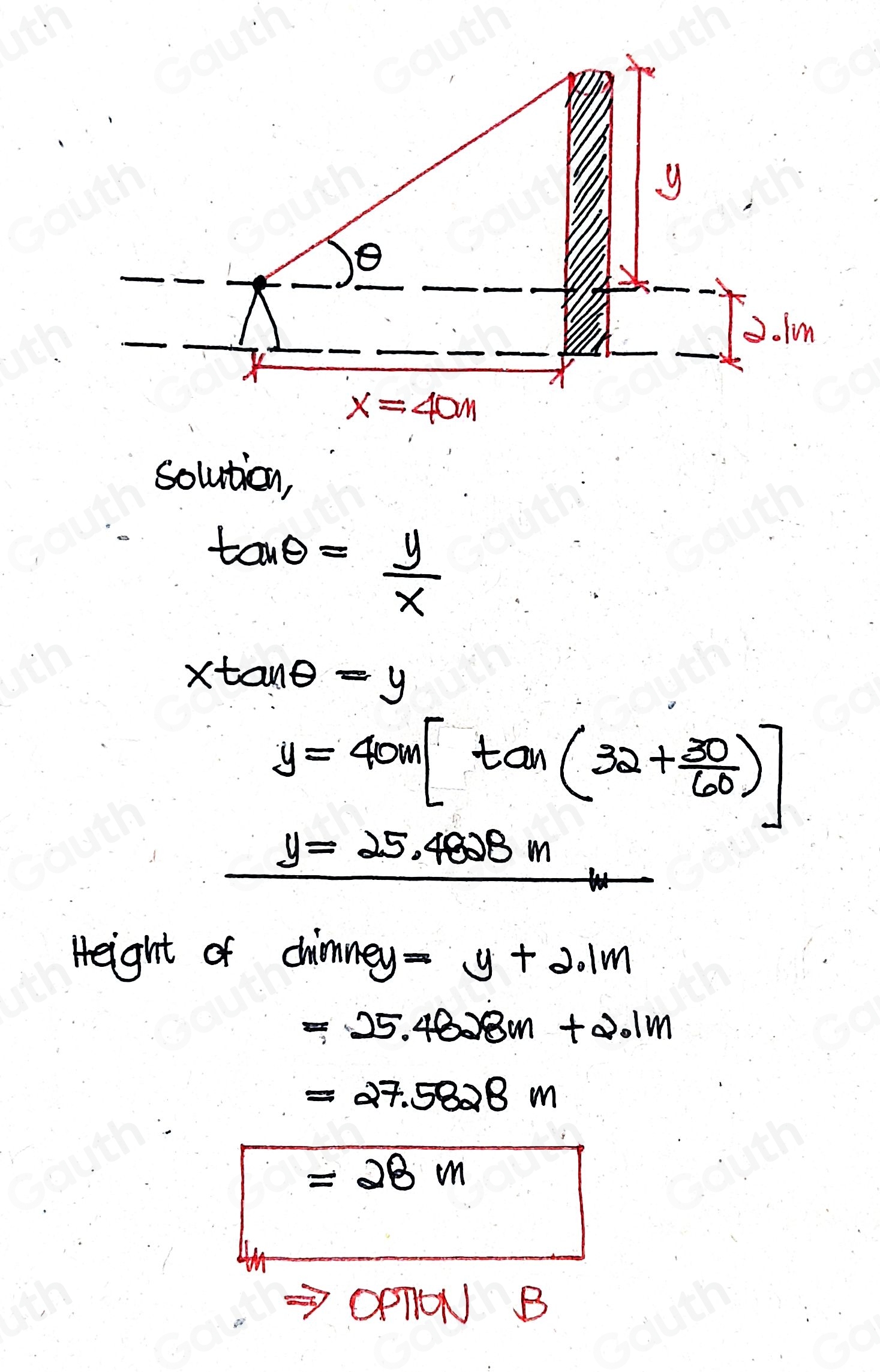 Solved: A transit set up 40 m from the base of a vertical chimney reads ...