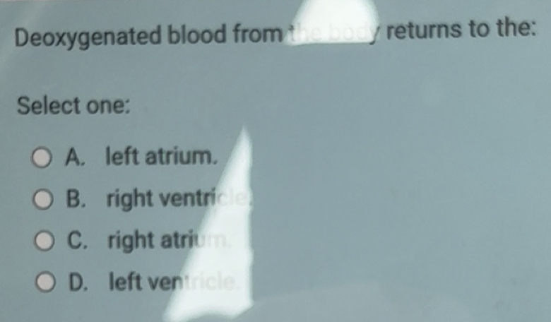 Solved: Deoxygenated blood from the body returns to the: Select one: A ...