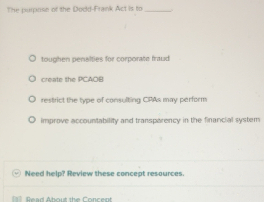 Solved: The purpose of the Dodd-Frank Act is to_ toughen penalties for ...