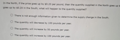 Solved: In the North, if the price goes up by $0.20 per pound, then the ...