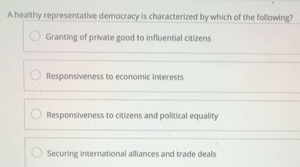 Solved: A healthy representative democracy is characterized by which of ...