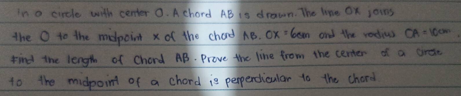 Solved: In o circle with center 0. A chord AB is drawn. The line Ox ...