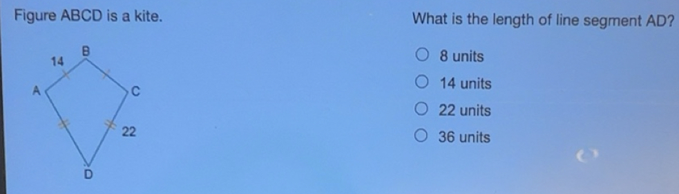 Solved: What is the length of line segment AD? 8 units 14 units 22 ...