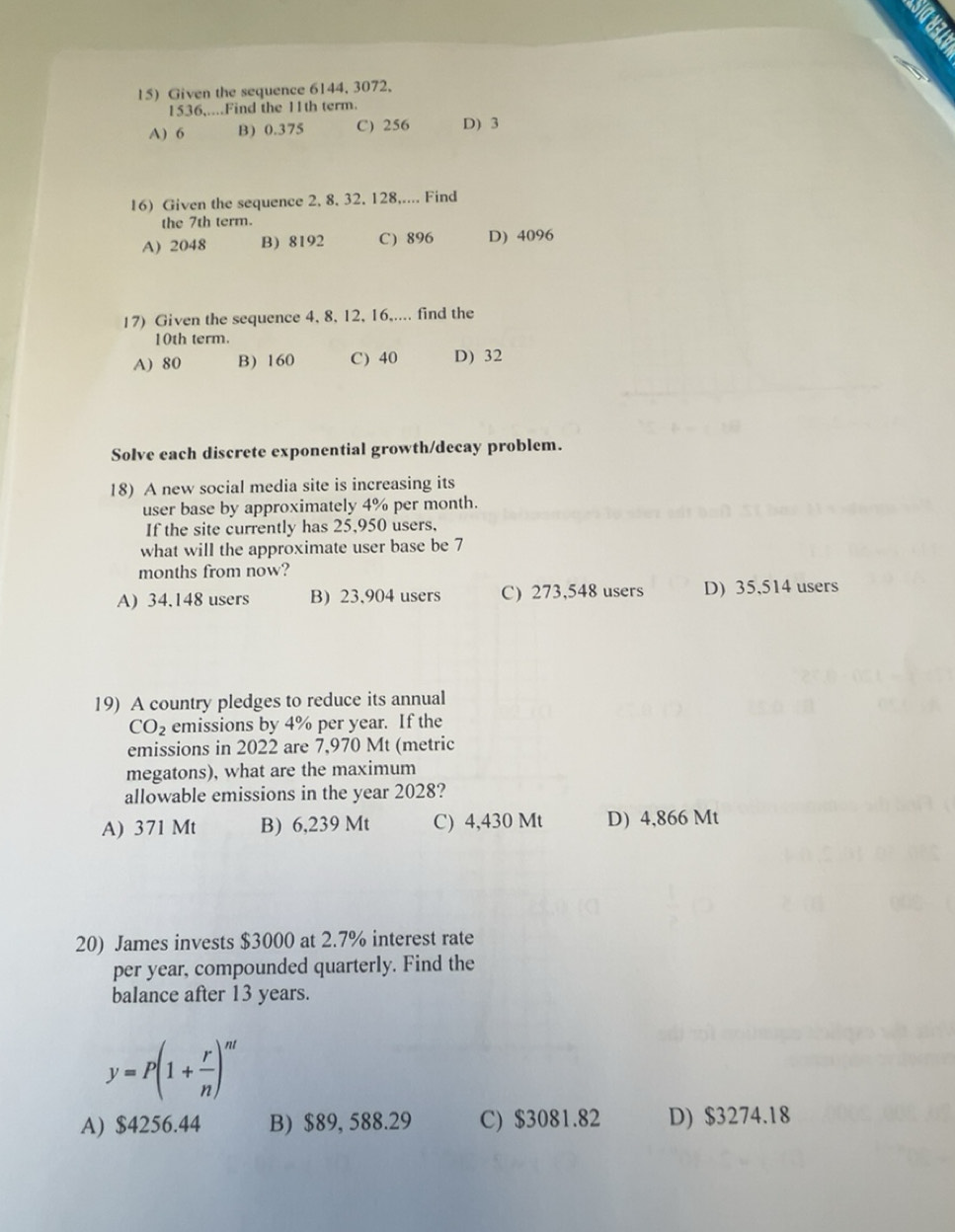 Solved: Given the sequence 6144, 3072, 1536,....Find the 11th term. A ...