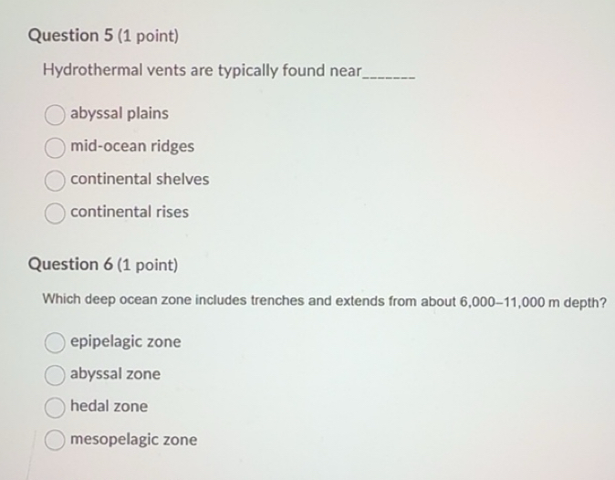 Solved: Hydrothermal vents are typically found near_ abyssal plains ...