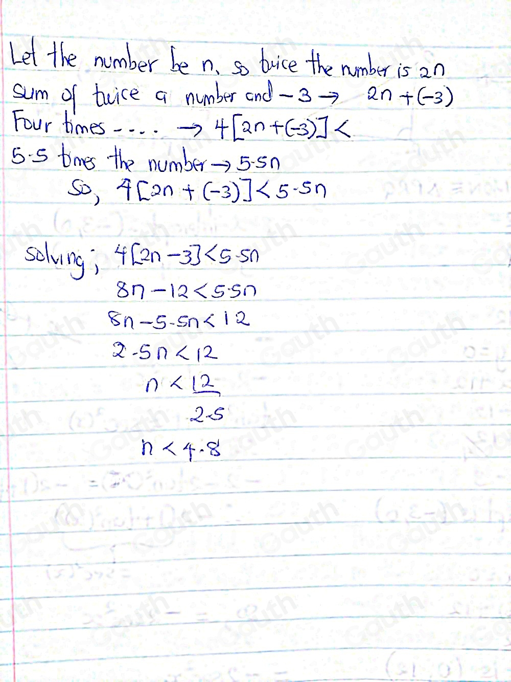 Solved: Four times the sum of twice a number and -3 is less than 5.5 ...