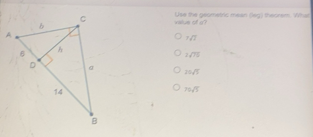 Solved: Use the geometric mean (leg) theorem. What value of d? 7sqrt(2 ...