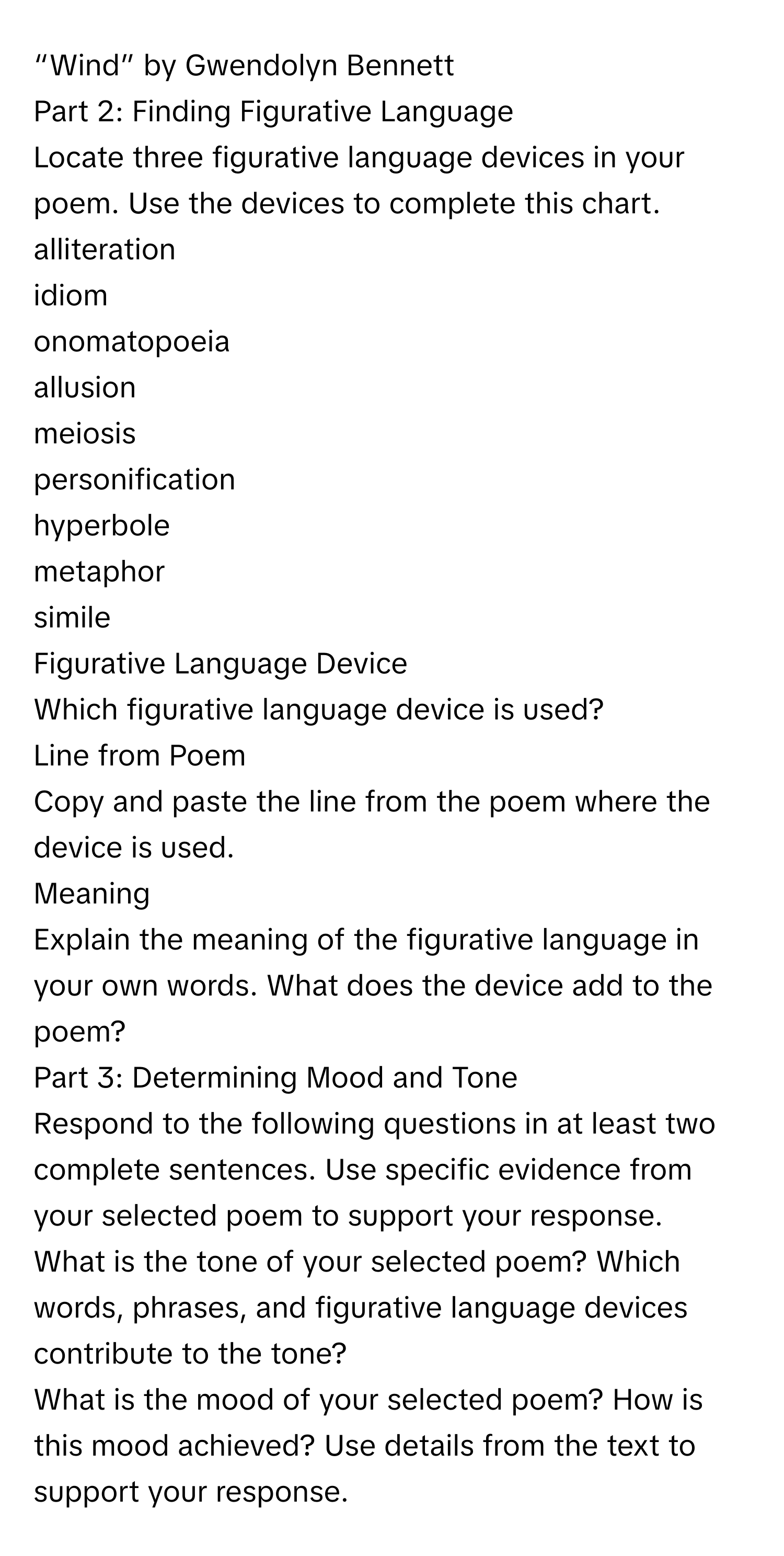 Solved: “Wind” by Gwendolyn Bennett Part 2: Finding Figurative Language ...