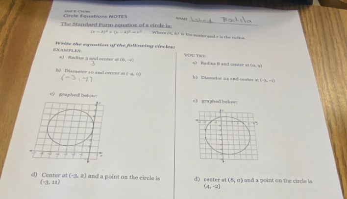 Solved: Lénit #: Circle= Circle Equations NOTES _ NSME The Standard ...