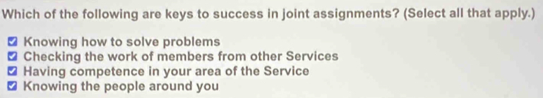 Solved: Which of the following are keys to success in joint assignments ...